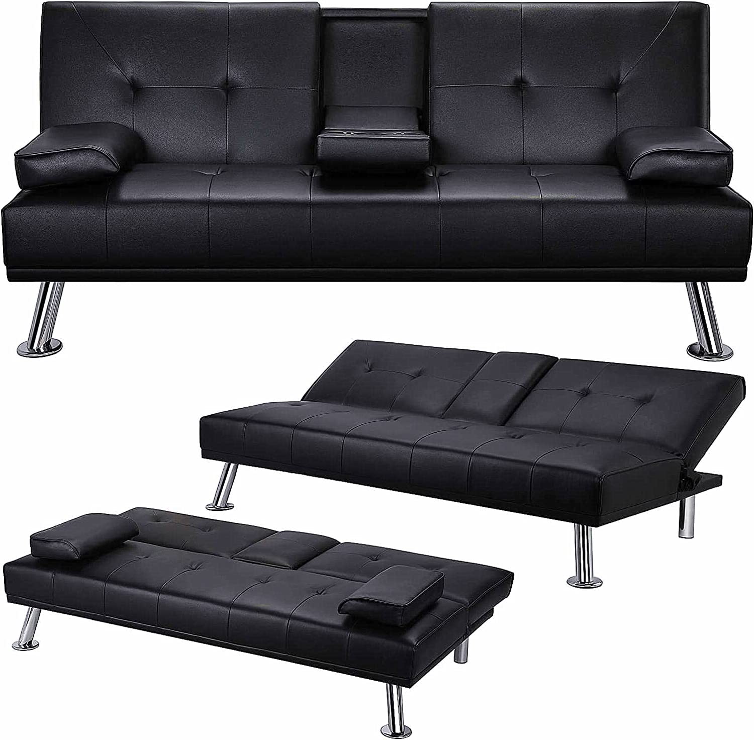 hansones Futon Sofa Bed Modern Linen Fabric Couch Bed Loveseat Convertible Daybed with 2 Cup Holders and Removable Armrests for for Compact Living Space Apartment Dorm Office (Black)