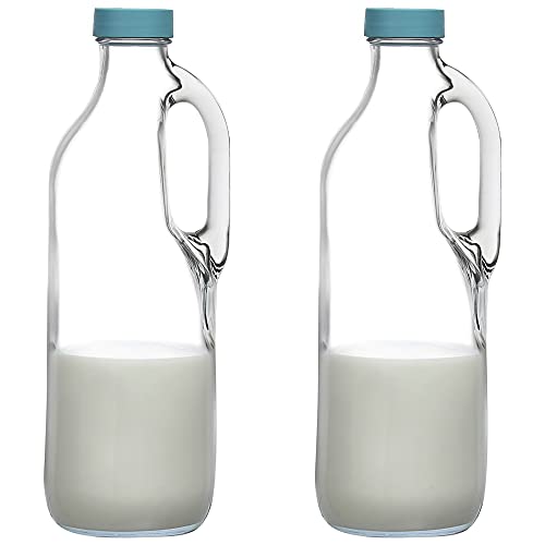 2 Pc 47oz Clear Glass Milk Bottles Glass Pitcher with Handle and Lids - Airtight milk Container for Refrigerator Jug Water Juice Heavy Milk Bottle Liquid Containers for Kitchen