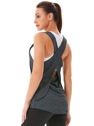 SILKWORLD Womens Athletic Tops Tank Tops for Women Casual Summer Open Back Workout Tops for Women, Black Grey, XXL