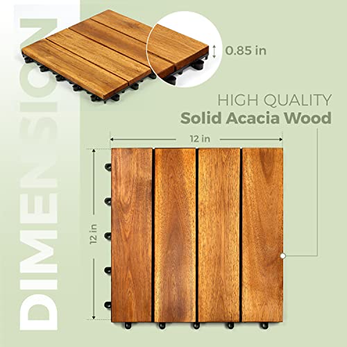 Interlocking Acacia Hardwood Deck Tile (Pack of 10, 12"x12") - Patio Tile With Solid Wooden Oiled Finish, Waterproof All Weather (12x12x0.85 Inch, 4 Slat on Each)
