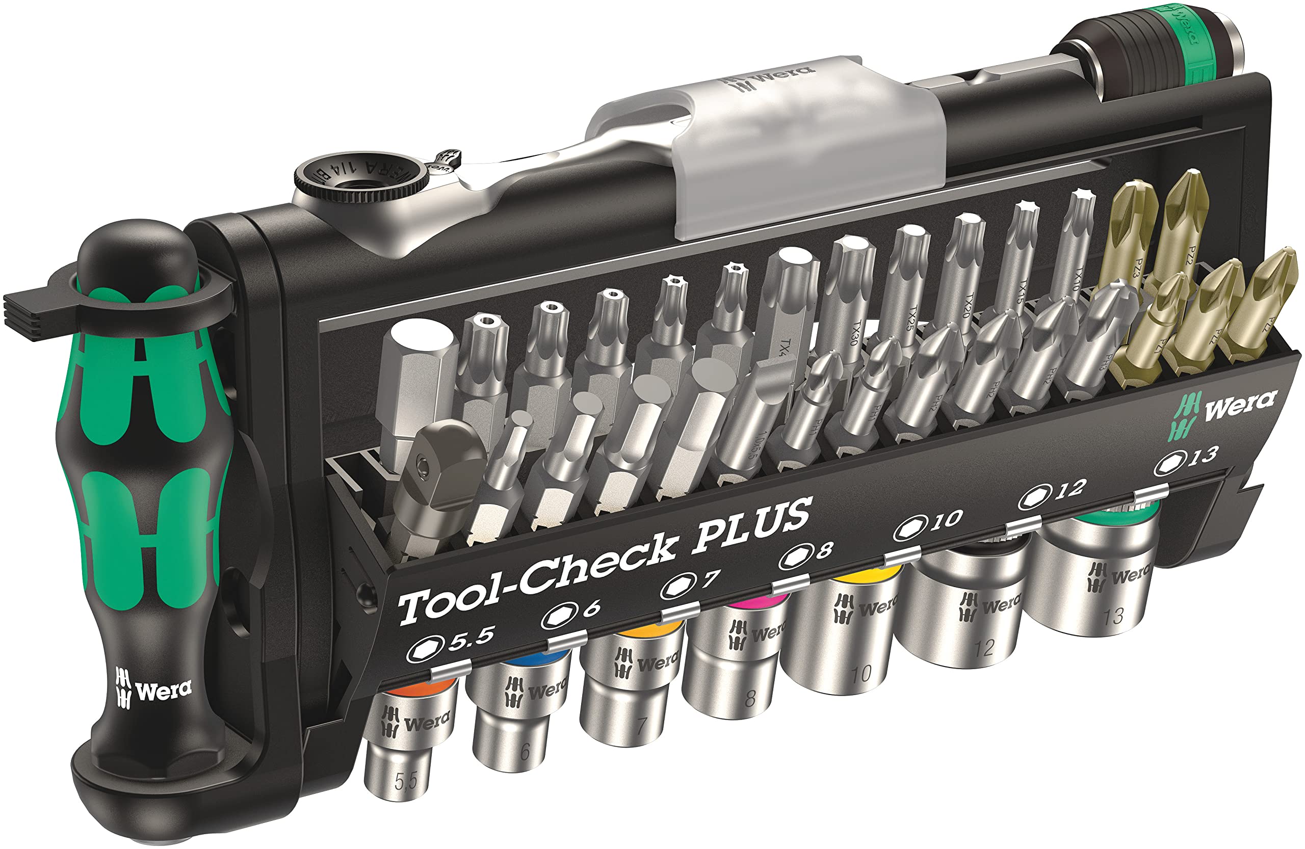 Wera 056490 Tool-Check Plus Bit Ratchet Set with Sockets - Metric & 05073661002 Kraftform Kompakt 27 RA Slotted Ratcheting Screwdriver, 1/4" Head, MULTI