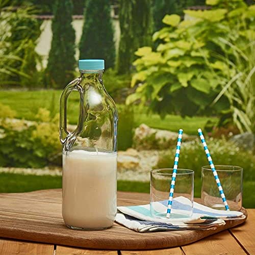 2 Pc 47oz Clear Glass Milk Bottles Glass Pitcher with Handle and Lids - Airtight milk Container for Refrigerator Jug Water Juice Heavy Milk Bottle Liquid Containers for Kitchen