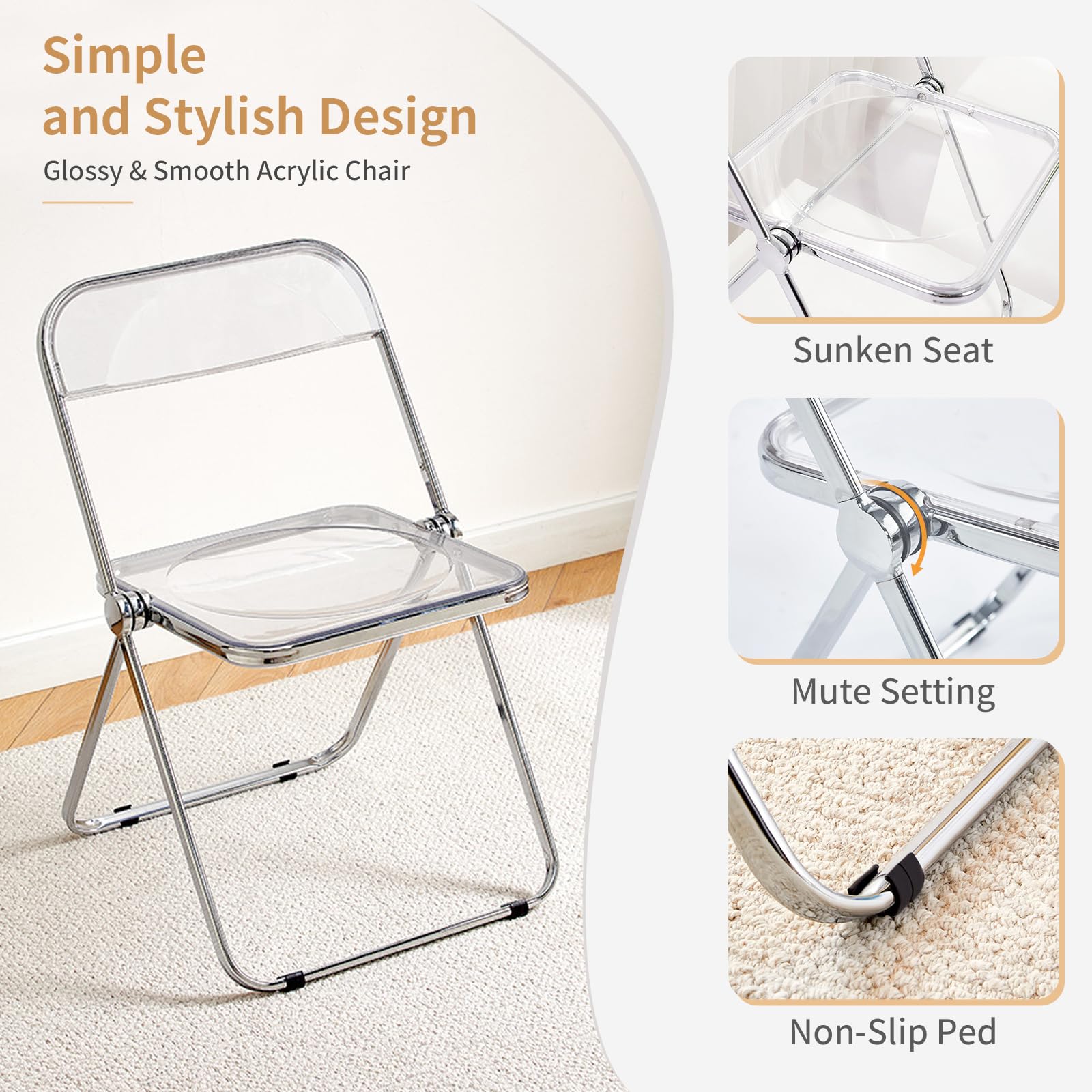 KAIHAOWIN Luxury Modern Transparent Folding Chair Acrylic Folding Chairs-Acrylic Ghost Stackable Crystal Seat-PC Plastic Living Room Seat-Chrome Frame Accent Side Chair (Clearing)