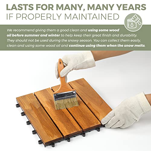 Interlocking Acacia Hardwood Deck Tile (Pack of 10, 12"x12") - Patio Tile With Solid Wooden Oiled Finish, Waterproof All Weather (12x12x0.85 Inch, 4 Slat on Each)