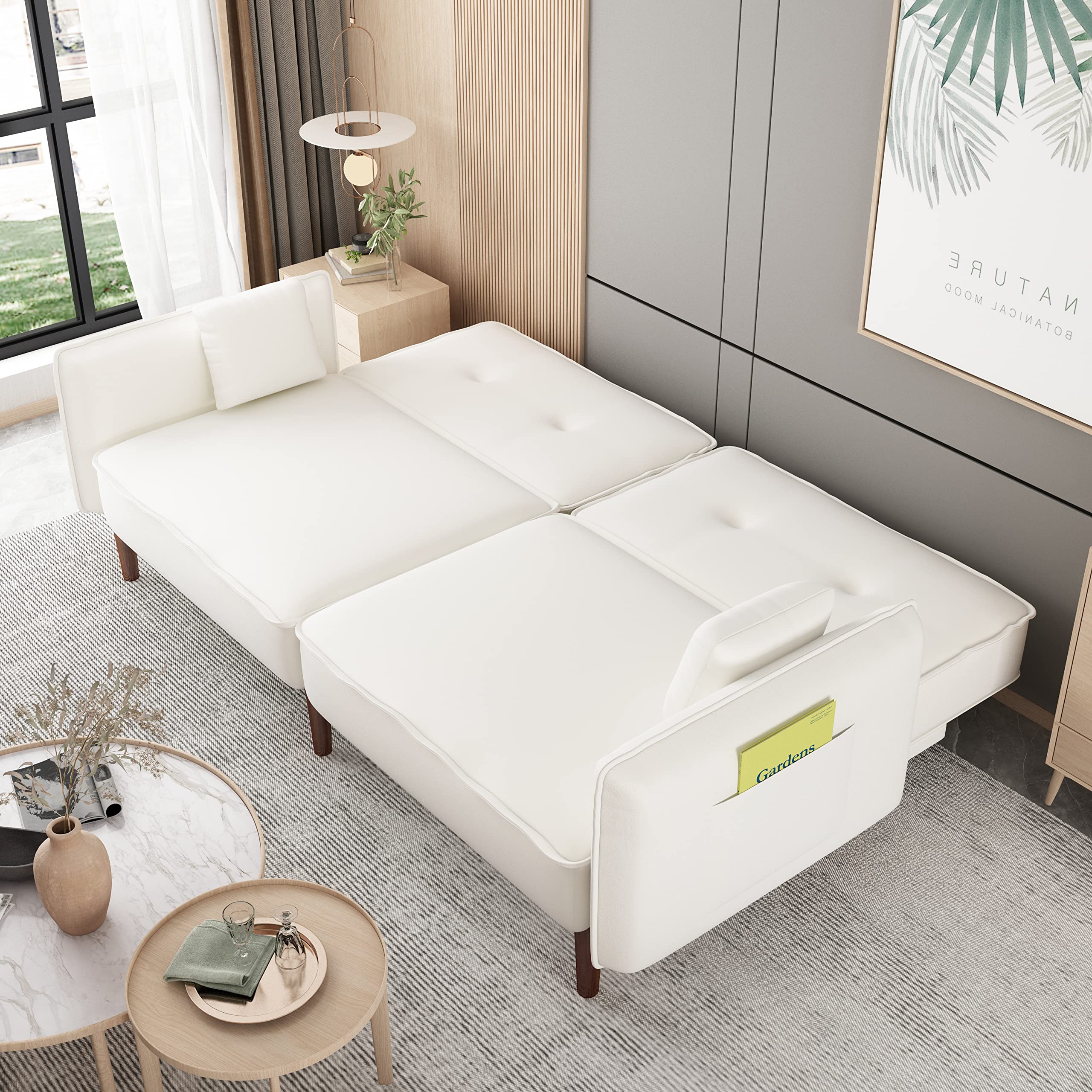 Sofa Bed, HABITTRIO 75" Modern White Fabric Upholstered 3-Seater Sleeper Couch with Adjustable Splict-Back Design, 2 Side Pockets, 2 Toss Pillows, Fit for Small Living Room, Apartment