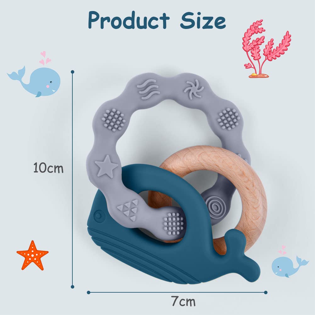 Vicloon Baby Teether Toys, Silicone & Natural Wood Teether Ring, Baby Teething Toys for Babies 3 Months+, Silicone Chewable Rings for Newborn Gift(Blue)