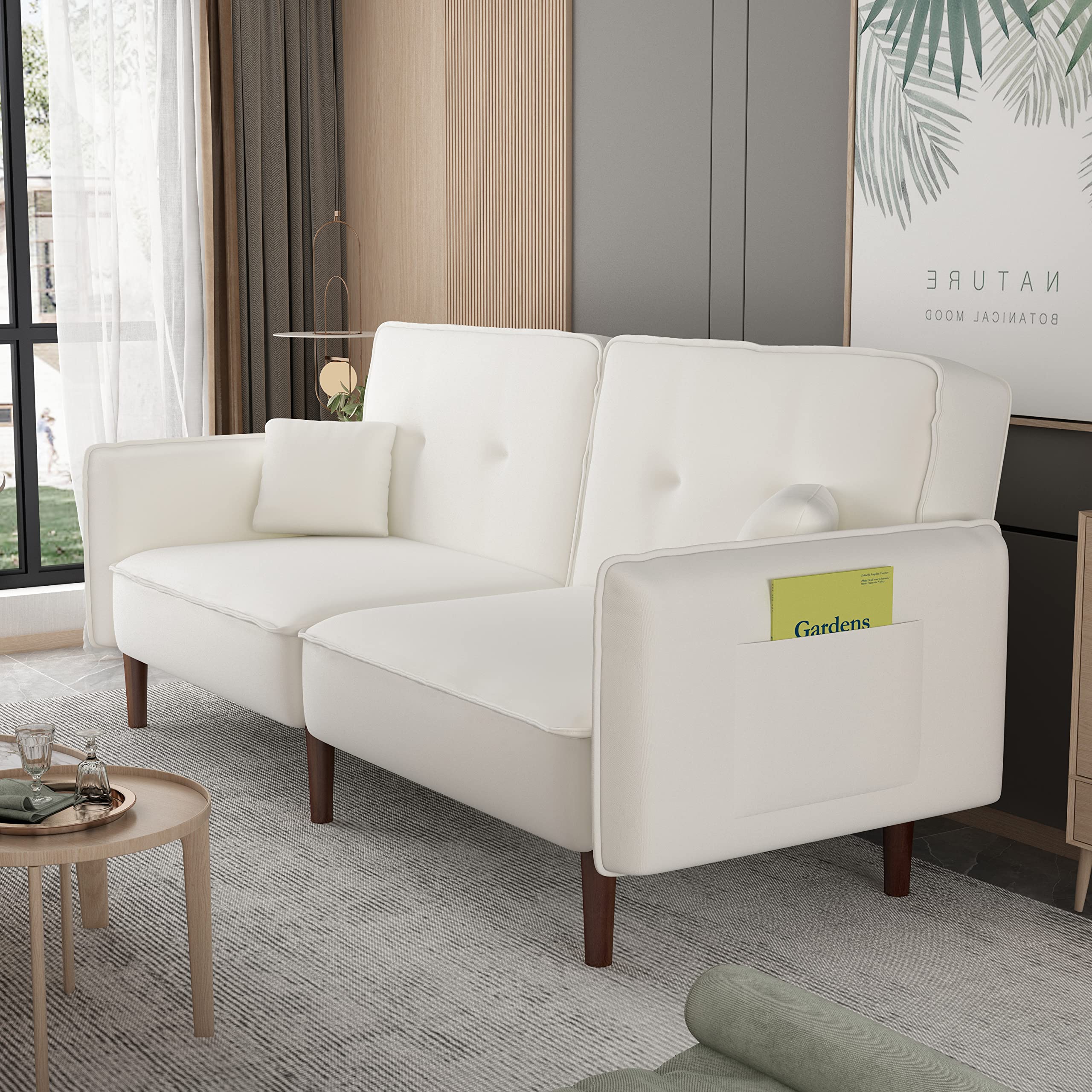 Sofa Bed, HABITTRIO 75" Modern White Fabric Upholstered 3-Seater Sleeper Couch with Adjustable Splict-Back Design, 2 Side Pockets, 2 Toss Pillows, Fit for Small Living Room, Apartment