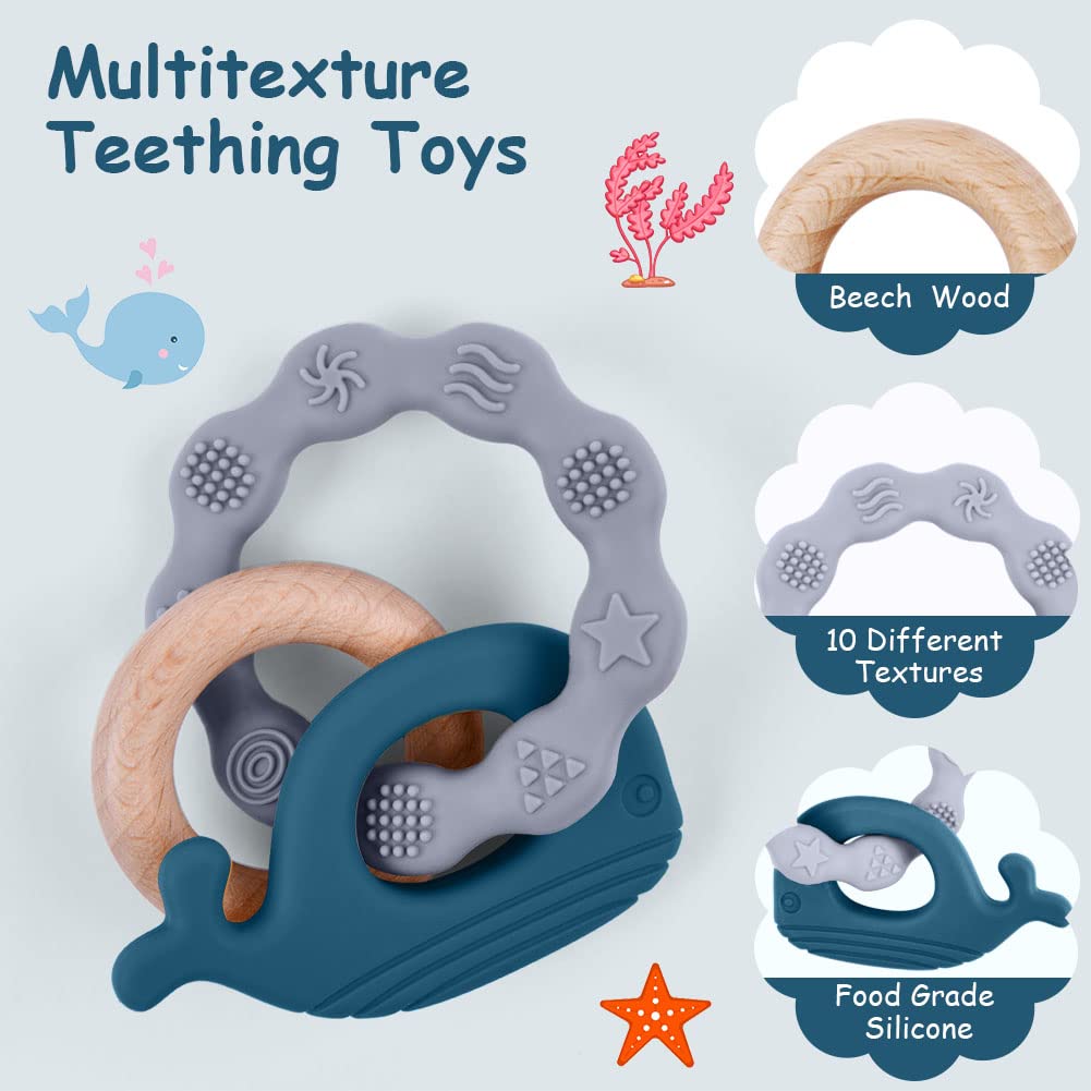 Vicloon Baby Teether Toys, Silicone & Natural Wood Teether Ring, Baby Teething Toys for Babies 3 Months+, Silicone Chewable Rings for Newborn Gift(Blue)