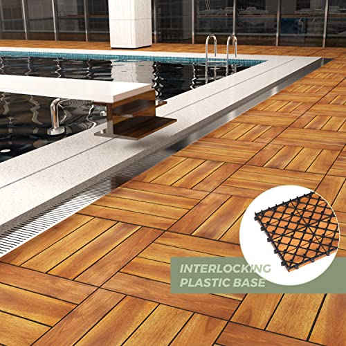 Interlocking Acacia Hardwood Deck Tile (Pack of 10, 12"x12") - Patio Tile With Solid Wooden Oiled Finish, Waterproof All Weather (12x12x0.85 Inch, 4 Slat on Each)