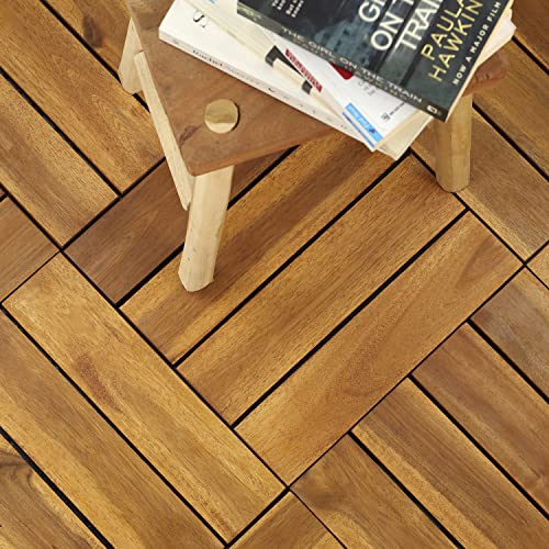 Interlocking Acacia Hardwood Deck Tile (Pack of 10, 12"x12") - Patio Tile With Solid Wooden Oiled Finish, Waterproof All Weather (12x12x0.85 Inch, 4 Slat on Each)