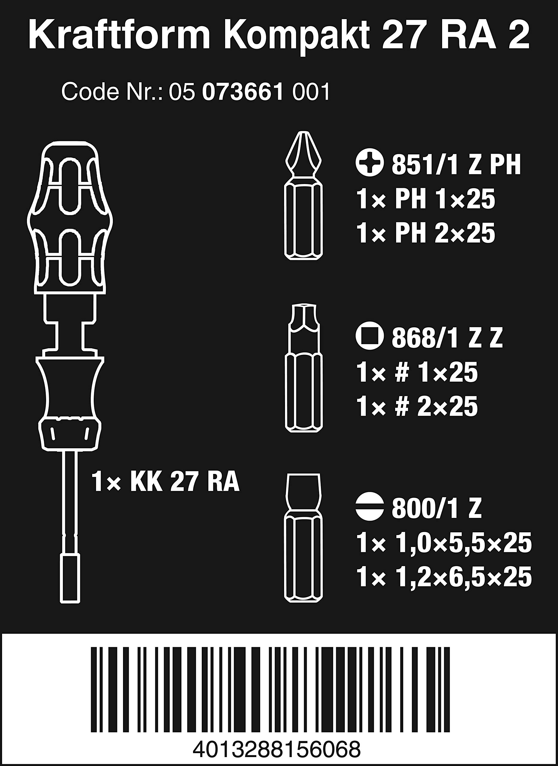 Wera 056490 Tool-Check Plus Bit Ratchet Set with Sockets - Metric & 05073661002 Kraftform Kompakt 27 RA Slotted Ratcheting Screwdriver, 1/4" Head, MULTI
