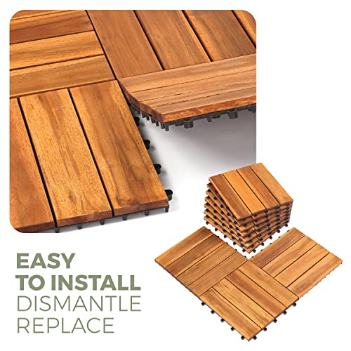 Interlocking Acacia Hardwood Deck Tile (Pack of 10, 12"x12") - Patio Tile With Solid Wooden Oiled Finish, Waterproof All Weather (12x12x0.85 Inch, 4 Slat on Each)