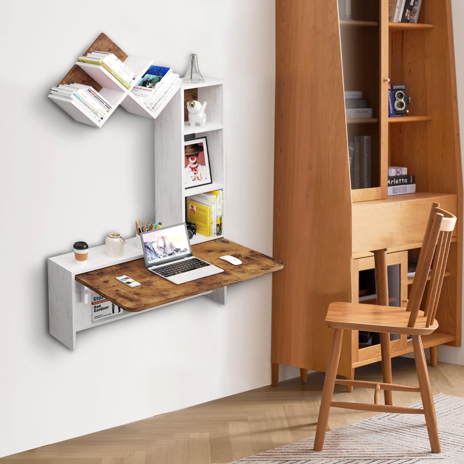 Bixiaomei 33'' Folding Wall Mounted Drop Leaf Table, Foldable Desk with Moveable Cabinets, Floating Laptop with Convertible Storage Shelves, Multifunctional Computer Workstation