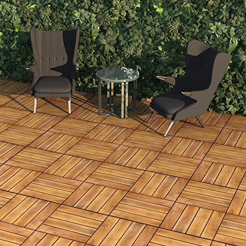 Interlocking Acacia Hardwood Deck Tile (Pack of 10, 12"x12") - Patio Tile With Solid Wooden Oiled Finish, Waterproof All Weather (12x12x0.85 Inch, 4 Slat on Each)