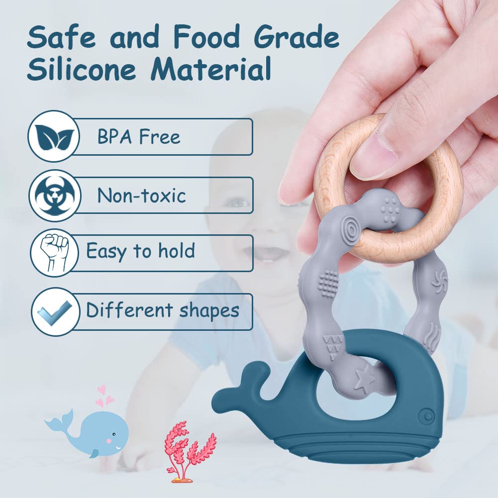 Vicloon Baby Teether Toys, Silicone & Natural Wood Teether Ring, Baby Teething Toys for Babies 3 Months+, Silicone Chewable Rings for Newborn Gift(Blue)
