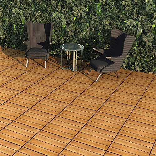 Interlocking Acacia Hardwood Deck Tile (Pack of 10, 12"x12") - Patio Tile With Solid Wooden Oiled Finish, Waterproof All Weather (12x12x0.85 Inch, 4 Slat on Each)