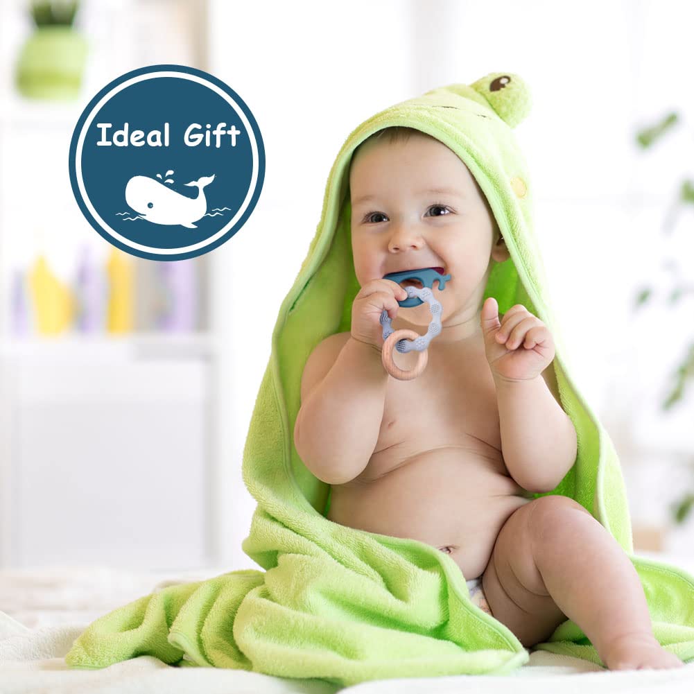 Vicloon Baby Teether Toys, Silicone & Natural Wood Teether Ring, Baby Teething Toys for Babies 3 Months+, Silicone Chewable Rings for Newborn Gift(Blue)