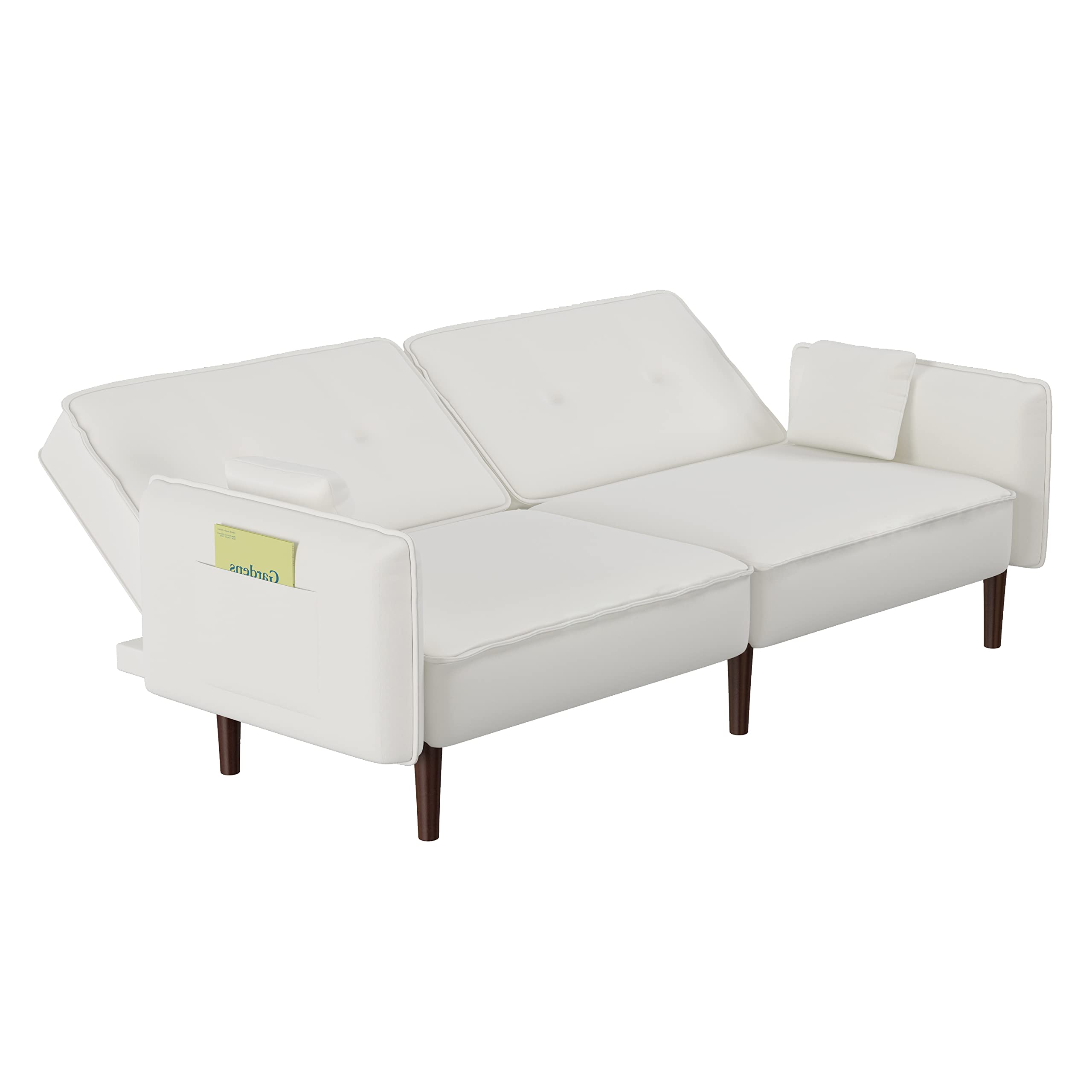 Sofa Bed, HABITTRIO 75" Modern White Fabric Upholstered 3-Seater Sleeper Couch with Adjustable Splict-Back Design, 2 Side Pockets, 2 Toss Pillows, Fit for Small Living Room, Apartment