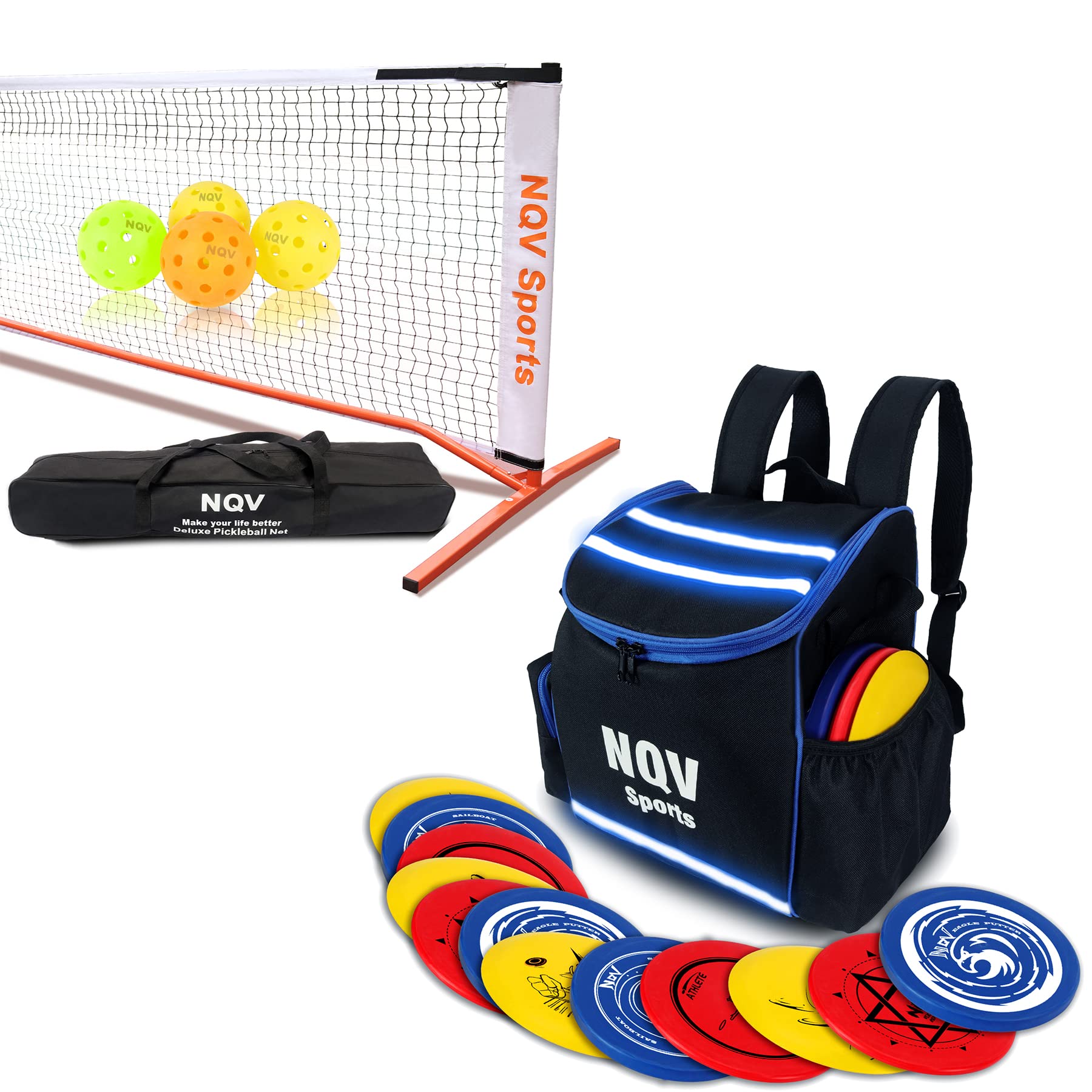 Disc Golf Set 12 PCS Flying Discs with Blue Bag & Pickleball Net with 4 Pickleballs