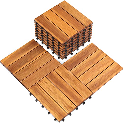 Interlocking Acacia Hardwood Deck Tile (Pack of 10, 12"x12") - Patio Tile With Solid Wooden Oiled Finish, Waterproof All Weather (12x12x0.85 Inch, 4 Slat on Each)