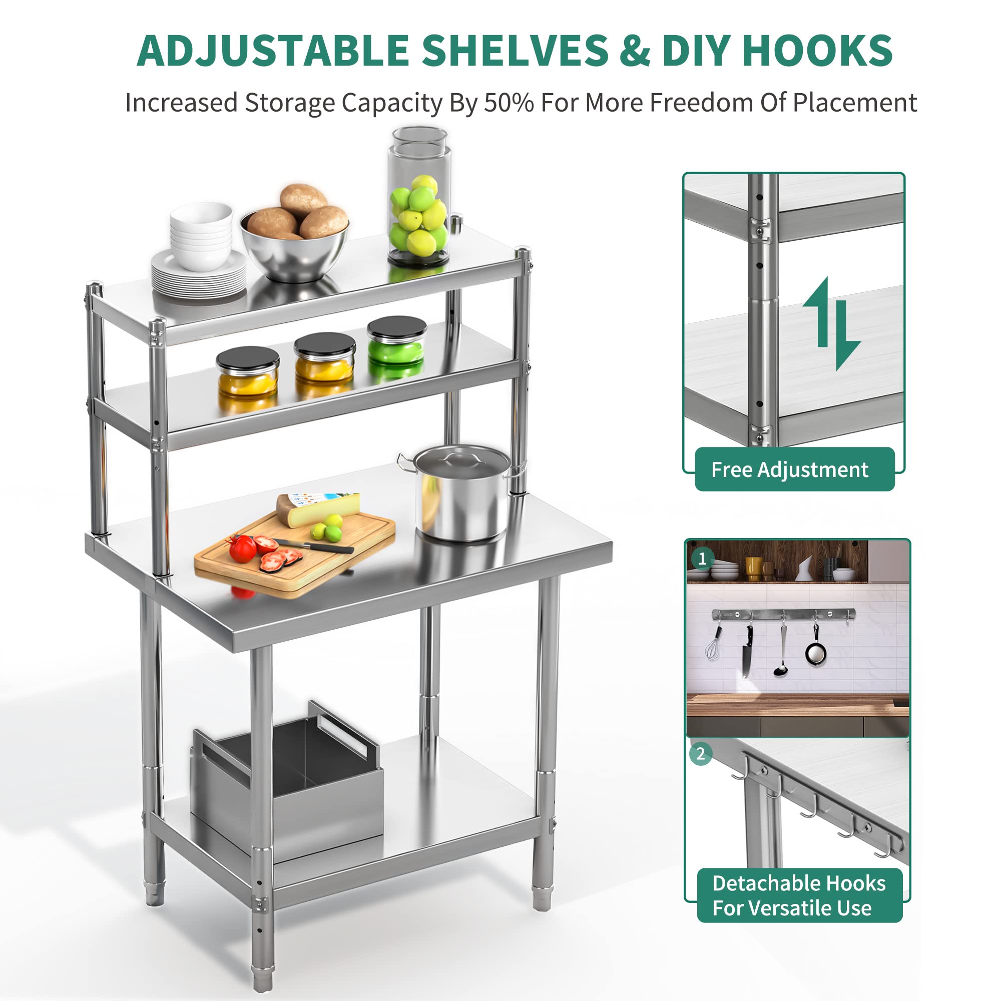 YITAHOME NSF Stainless Steel Table with Overshelves, 36" X 24" Work Table with 36" X 12" Shelf, Metal Table Prep Table for Home Kitchen Restaurant Garage Warehouse