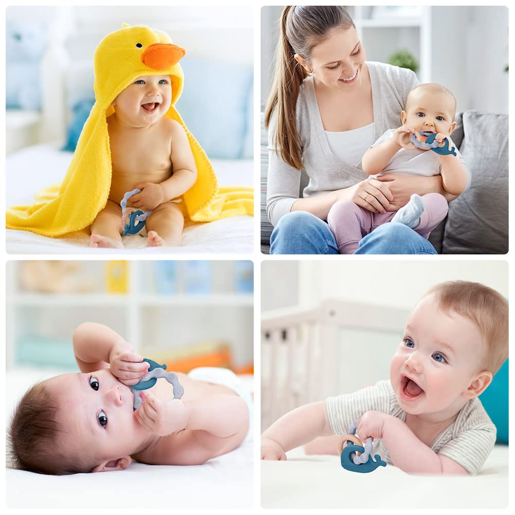 Vicloon Baby Teether Toys, Silicone & Natural Wood Teether Ring, Baby Teething Toys for Babies 3 Months+, Silicone Chewable Rings for Newborn Gift(Blue)