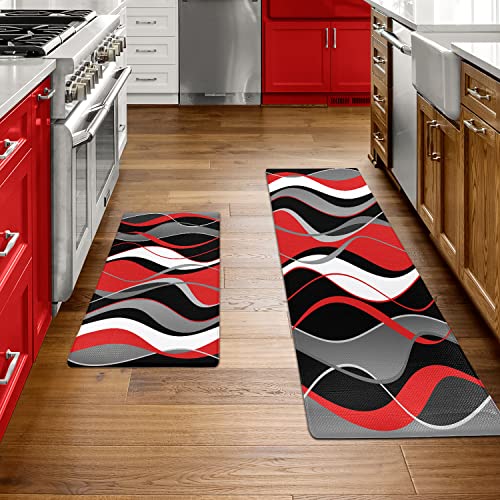 FNLNDO Red and Black Kitchen Rugs and Mats for Floor Anti Fatigue Kitchen Rugs Set of 2 Red Modern Art Non-Skid Washable Kitchen Mats for Kitchen Sink Laundry (Red, 17.5"x29.5"+17.5"x47")