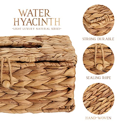 Tissue Box Cover, Rectangular Woven Tissue Box Holder, Water Hyacinth Rustic Decorative Facial Tissue Holder for Bathroom Living Room Bedroom Dresser Office Car (Rectangular)