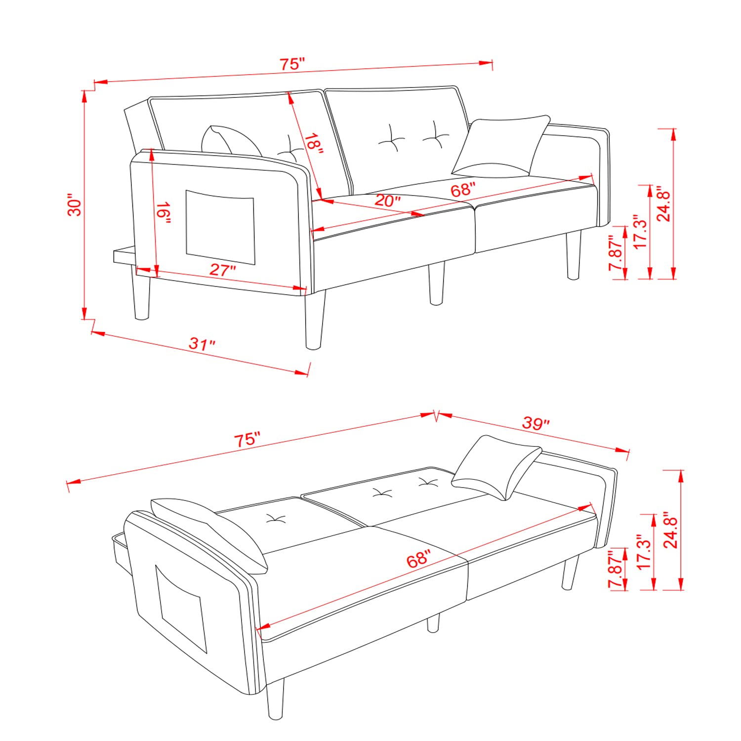Sofa Bed, HABITTRIO 75" Modern White Fabric Upholstered 3-Seater Sleeper Couch with Adjustable Splict-Back Design, 2 Side Pockets, 2 Toss Pillows, Fit for Small Living Room, Apartment