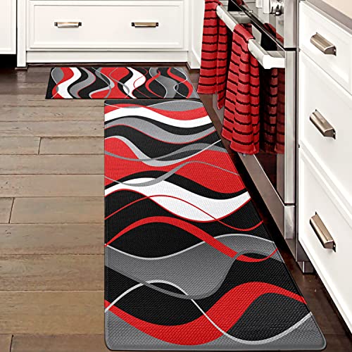 FNLNDO Red and Black Kitchen Rugs and Mats for Floor Anti Fatigue Kitchen Rugs Set of 2 Red Modern Art Non-Skid Washable Kitchen Mats for Kitchen Sink Laundry (Red, 17.5"x29.5"+17.5"x47")
