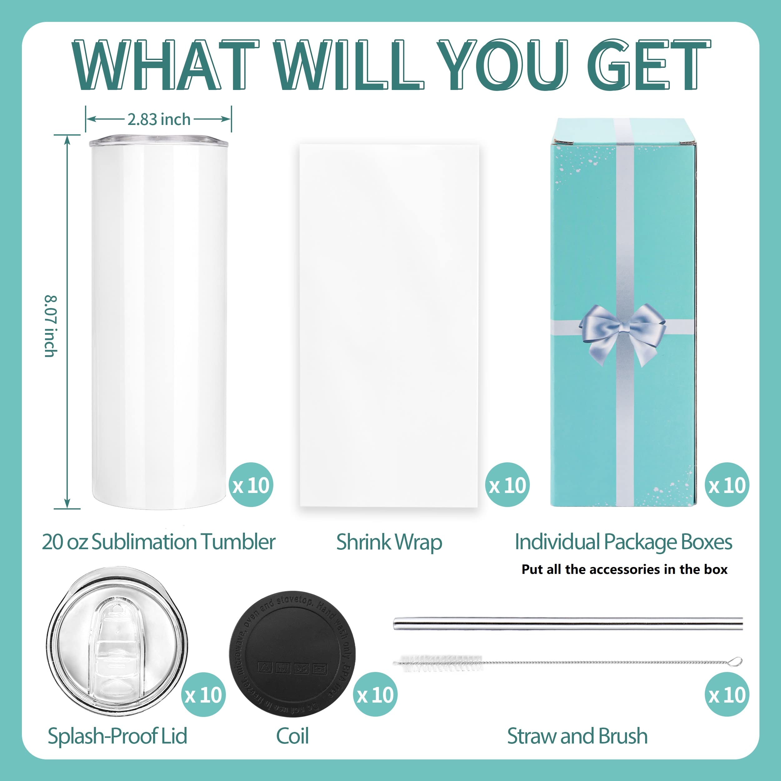 D·S 10 Pack Sublimation Tumblers Bulk 20 oz Skinny Straight Flat Bottom Blank Tumbler Cups with Individual Gift Boxed for Heat Transfer DIY Craft