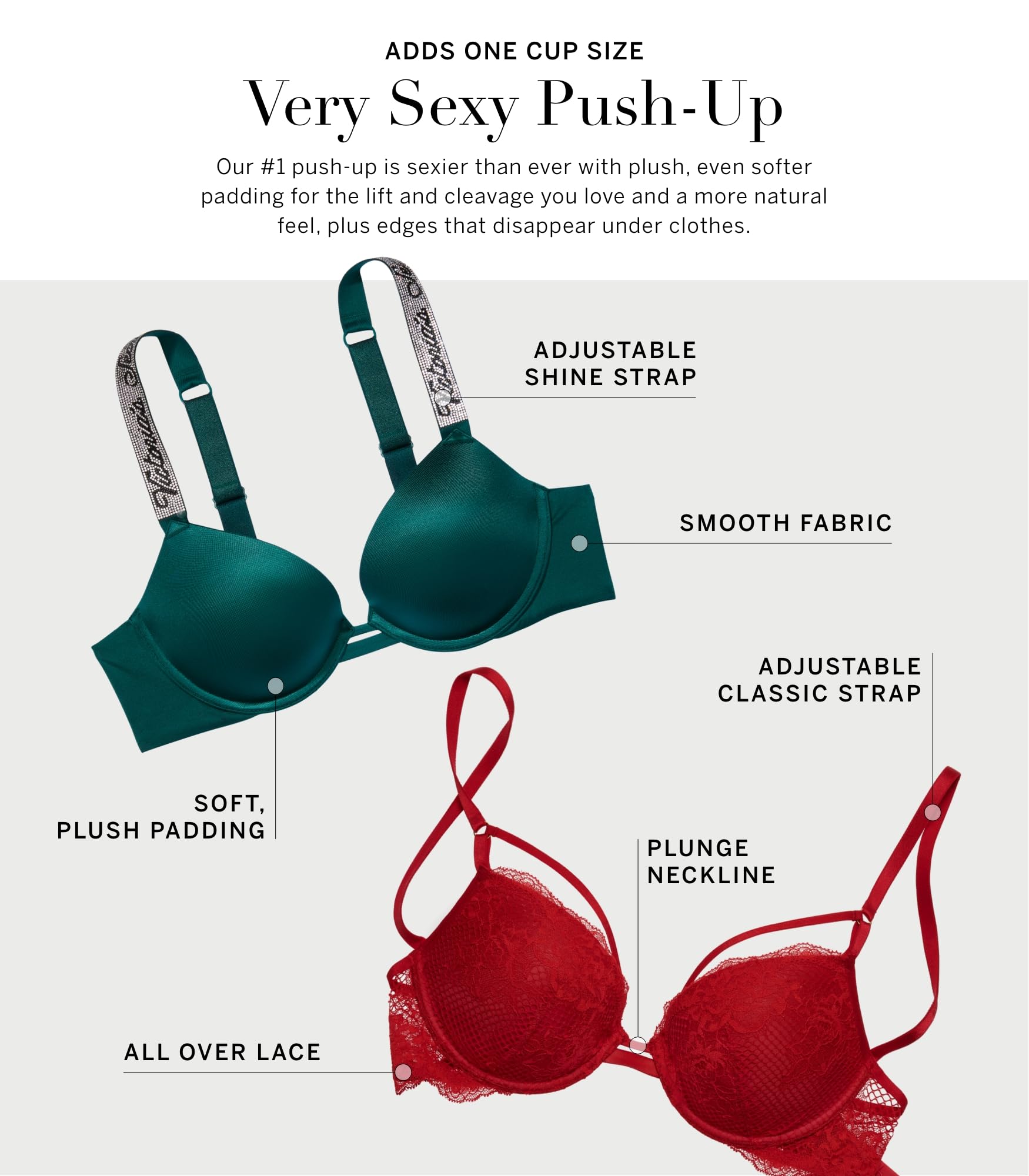 Victoria's Secret Push Up Bra, Adds One Cup Size, Padded, Plunge Neckline, Bras for Women, Very Sexy Collection, Black (36C)