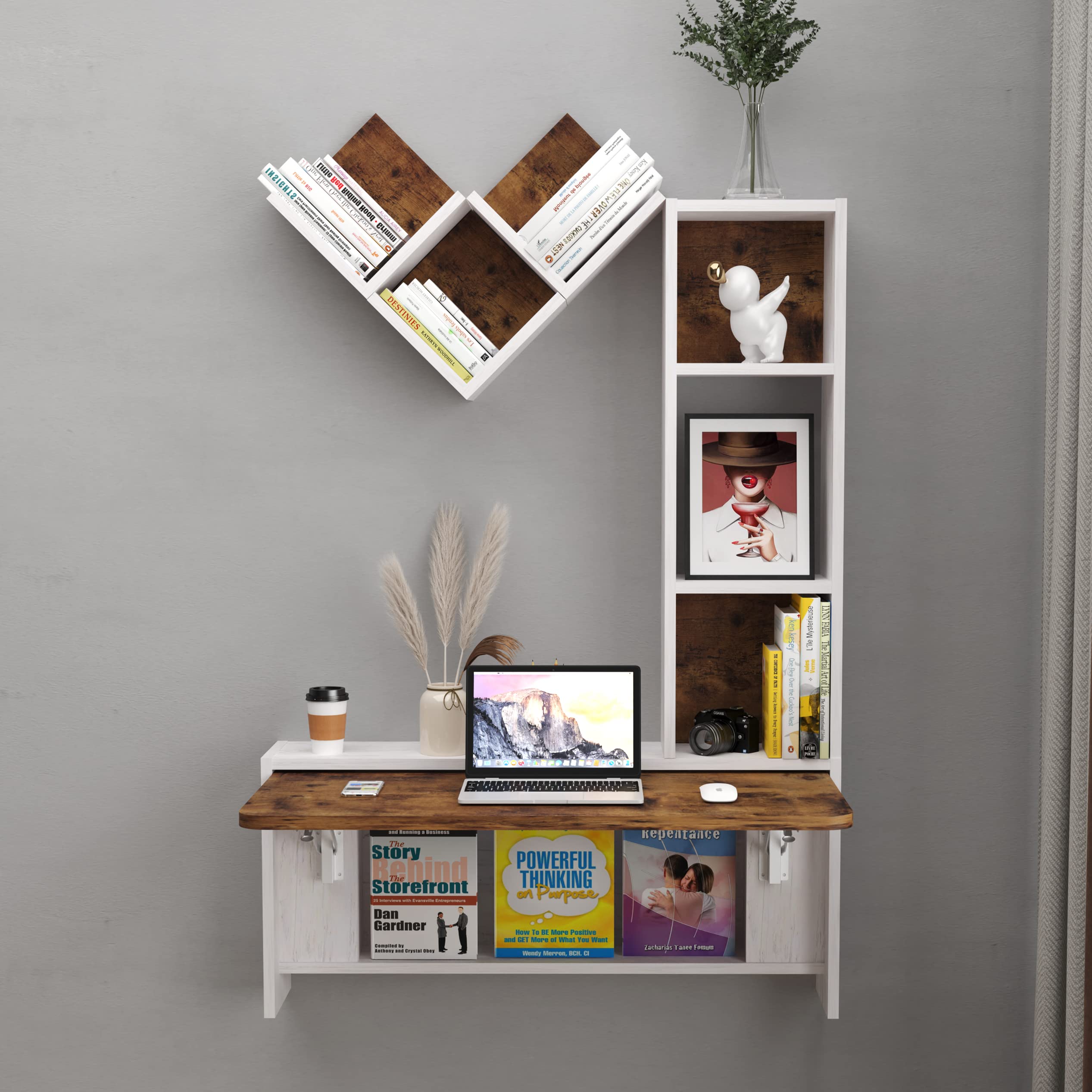 Bixiaomei 33'' Folding Wall Mounted Drop Leaf Table, Foldable Desk with Moveable Cabinets, Floating Laptop with Convertible Storage Shelves, Multifunctional Computer Workstation