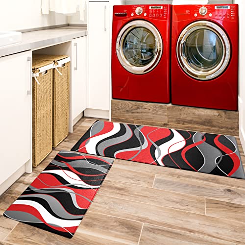 FNLNDO Red and Black Kitchen Rugs and Mats for Floor Anti Fatigue Kitchen Rugs Set of 2 Red Modern Art Non-Skid Washable Kitchen Mats for Kitchen Sink Laundry (Red, 17.5"x29.5"+17.5"x47")