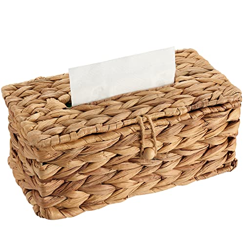 Tissue Box Cover, Rectangular Woven Tissue Box Holder, Water Hyacinth Rustic Decorative Facial Tissue Holder for Bathroom Living Room Bedroom Dresser Office Car (Rectangular)