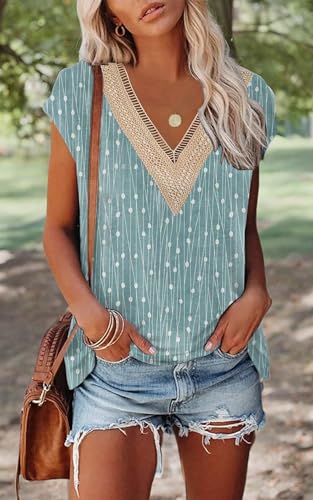 Basic Tops for Women Trendy Cap Sleeve Casual Shirts Floral Print Lace V Neck Loose Fit Blouses