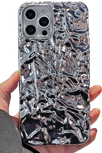 Shinymore iPhone 13 Pro Max Glitter Case, Fashion Bling Glitter Silver Cute Soft Silicone Tin Foil 3D Pleats Women Girls Shockproof Soft Case Cover for iPhone 13 Pro Max