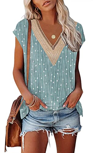 Basic Tops for Women Trendy Cap Sleeve Casual Shirts Floral Print Lace V Neck Loose Fit Blouses