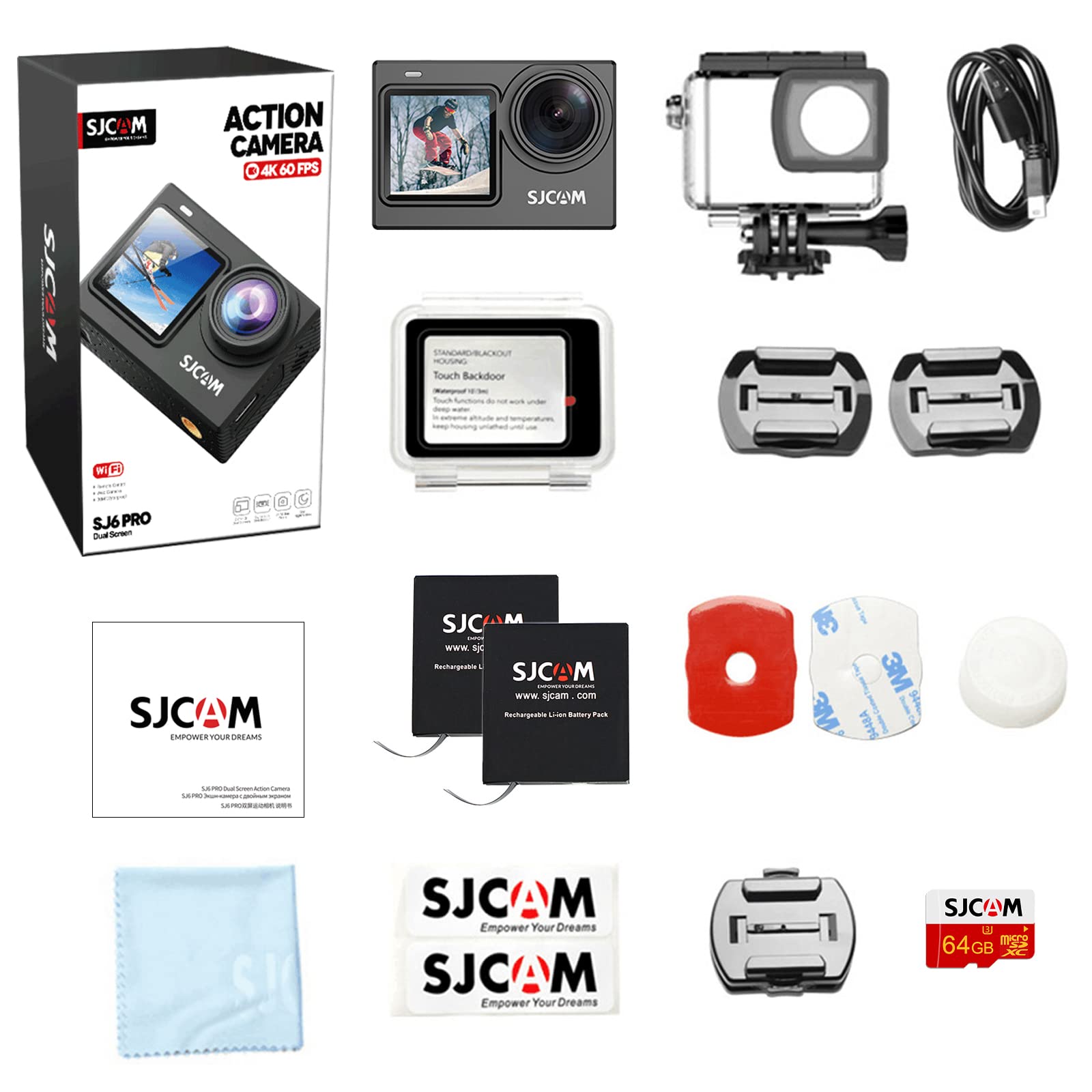 SJCAM SJ6Pro 4K60fps 24MP Dual Screen Action Camera with WiFi, 6-aixs Image Stabilization,170° FOV 8X Zoom, Underwater 40m Waterproof Camera Support External MIC, 2 * 1000mAh/64G Card/Ride Kits