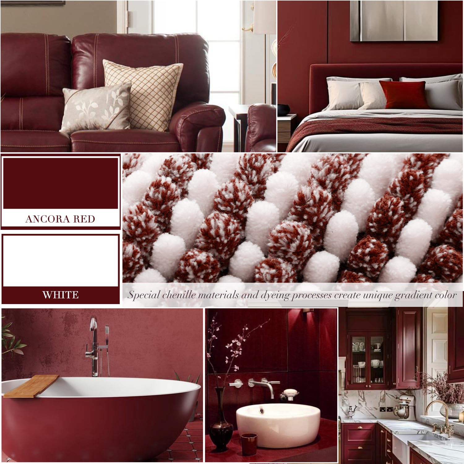 Bathroom Rugs and Mats Sets, 2 Piece Thick Absorbent Chenille Bath Mat Rug Set Non Slip, Soft Shaggy Bath Room Floor Mats for Bathroom, Machine Washable (Burgundy Red, 20" x 47" Plus 16" x 24")