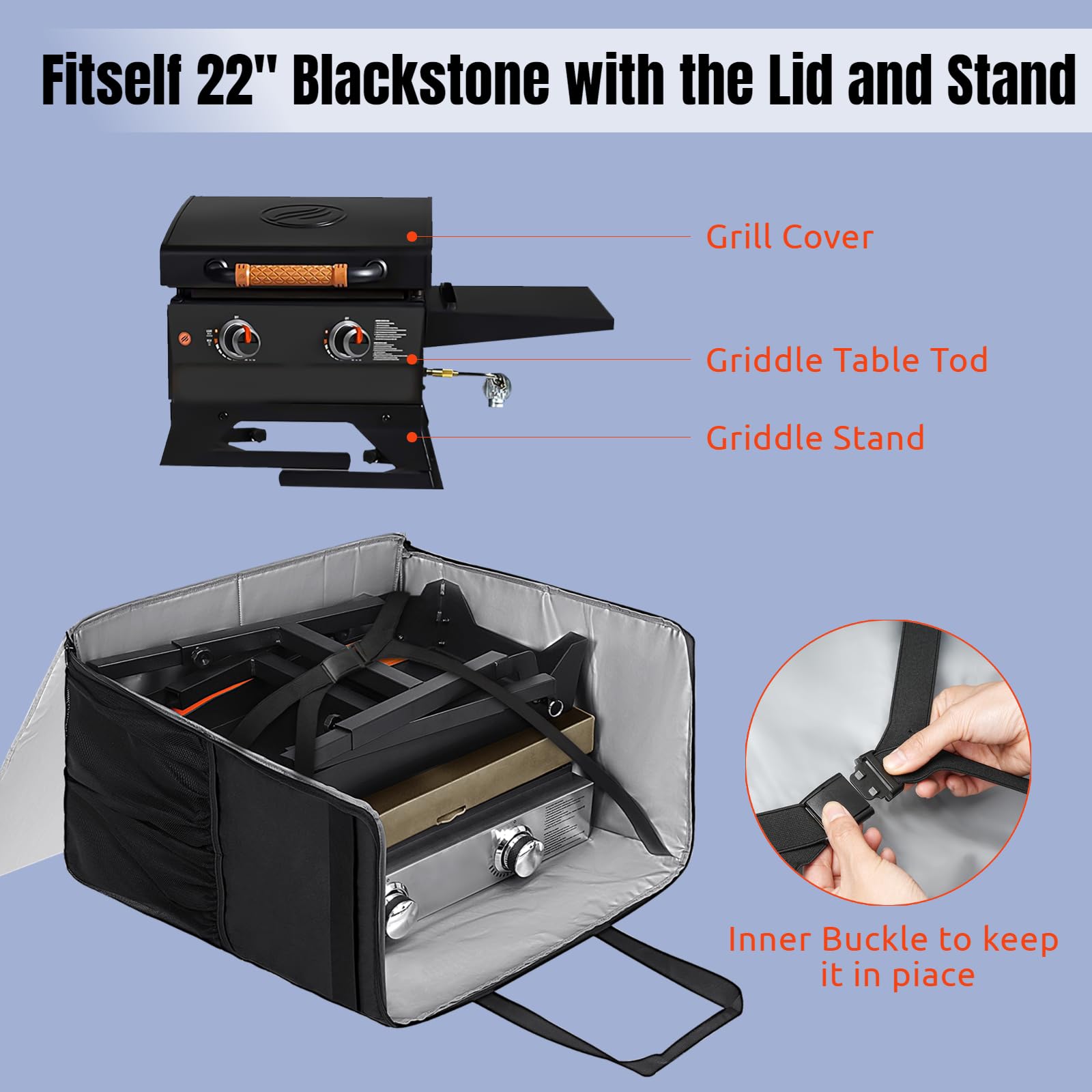 22 Inch Griddle Carry Bag for Blackstone, with 600D Oxford Cloth & Oil-Proof Liner, Heavy Duty Portable Grill Storage Bag for Tabletop Griddle with Hood Lid & Stand, Outdoor Griddle Case (Bag ONLY)