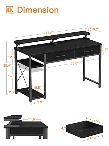 ODK Computer Desk with Drawers, 48 Inch Office Desk with Storage & Shelves, Work Writing Desk with Monitor Stand Shelf, Black Home Office Desks for Small Spaces