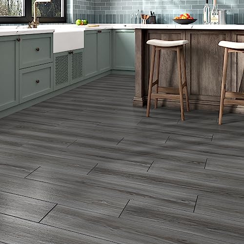 Skyblur Dark Grey Wood Planks Peel and Stick Floor Tile Stickers for Bathroom Bedroom DIY Vinyl Plank Tiles for Kitchen Waterproof Self Adhesive Flooring 35x6 Inch 4 Sheets