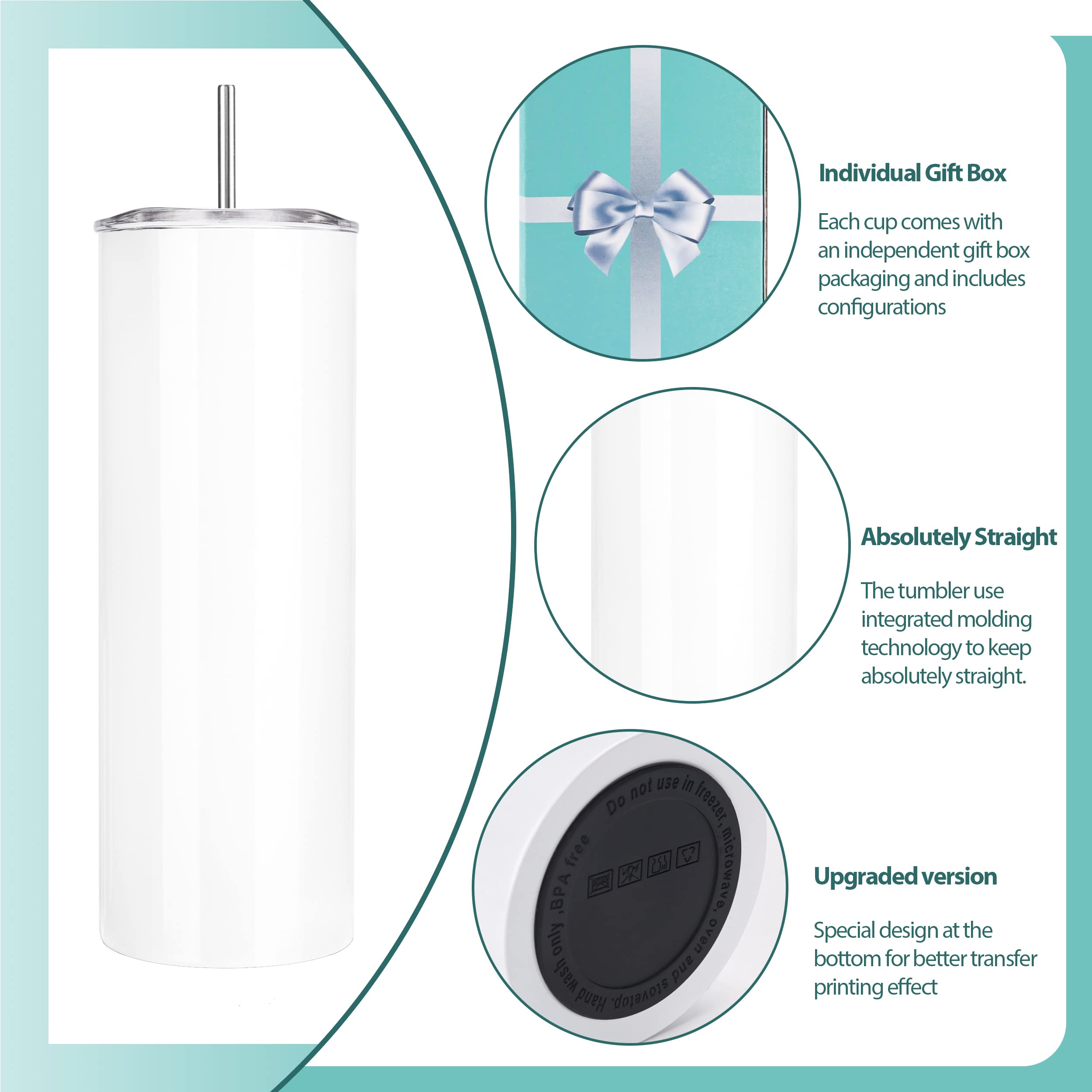 D·S 10 Pack Sublimation Tumblers Bulk 20 oz Skinny Straight Flat Bottom Blank Tumbler Cups with Individual Gift Boxed for Heat Transfer DIY Craft