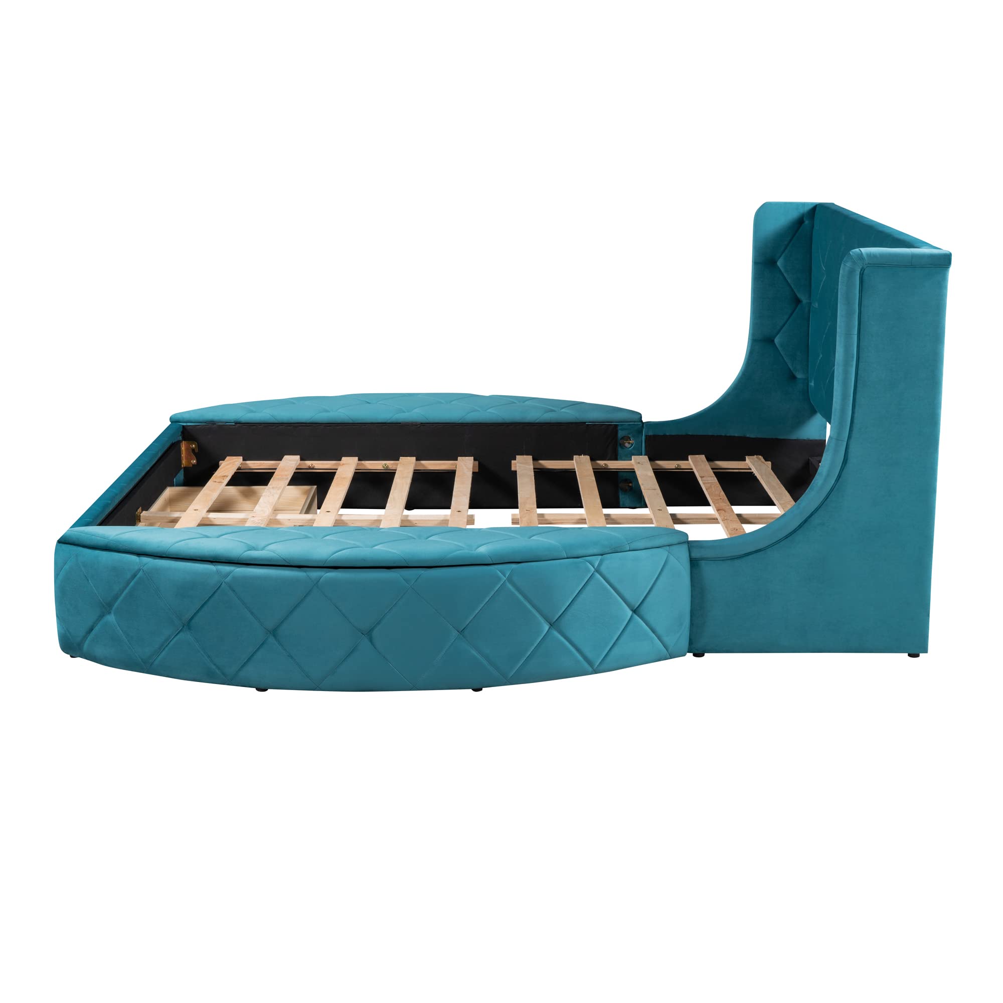Velvet Queen Storage Bed Frame, Deluxe Upholstered Platform Bed with Wingback Headboard and 1 Big Drawer, 2 Side Storage Stool, No Box Spring Needed/ Easy Assembly (Queen Size, Blue)