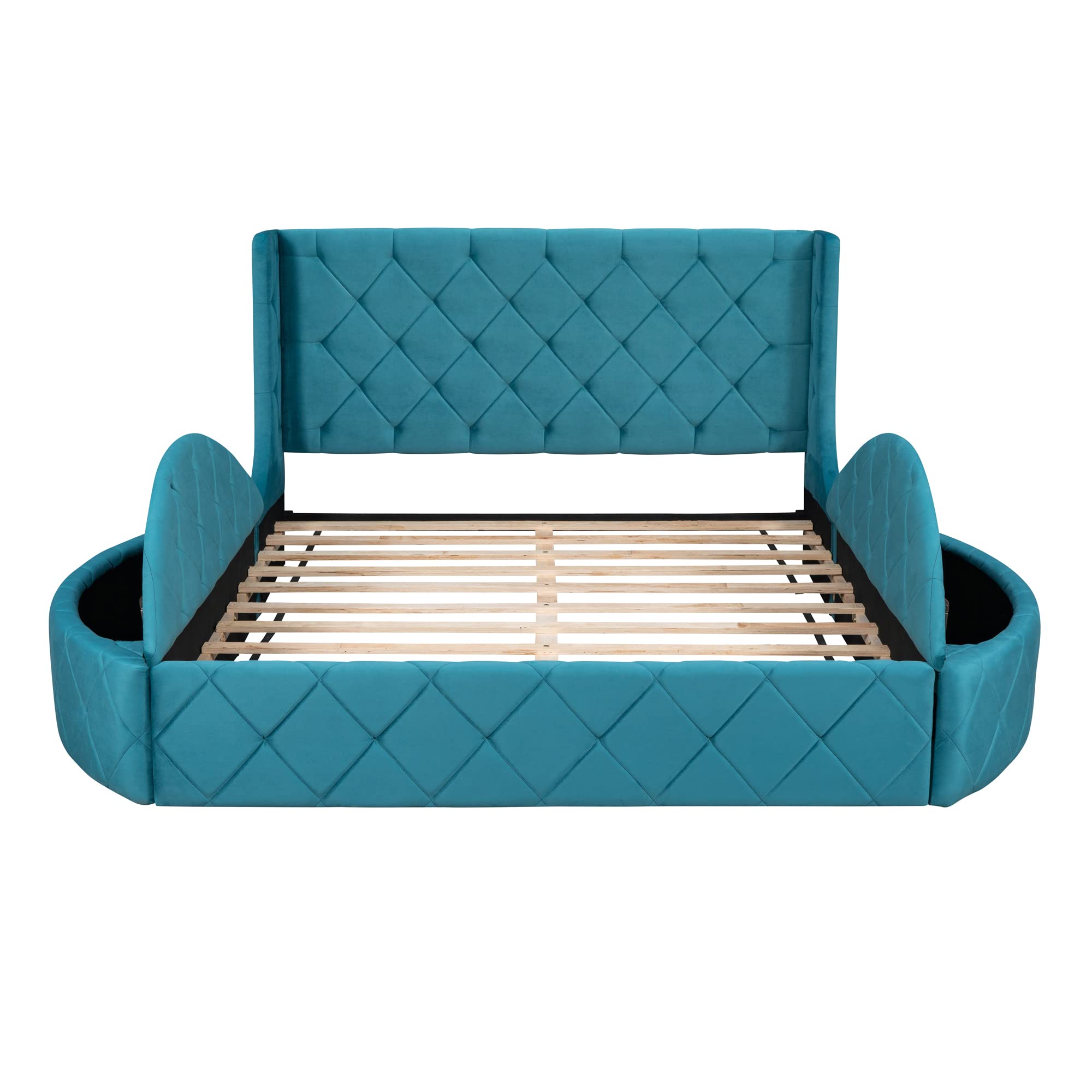 Velvet Queen Storage Bed Frame, Deluxe Upholstered Platform Bed with Wingback Headboard and 1 Big Drawer, 2 Side Storage Stool, No Box Spring Needed/ Easy Assembly (Queen Size, Blue)