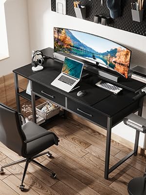 ODK Computer Desk with Drawers, 48 Inch Office Desk with Storage & Shelves, Work Writing Desk with Monitor Stand Shelf, Black Home Office Desks for Small Spaces