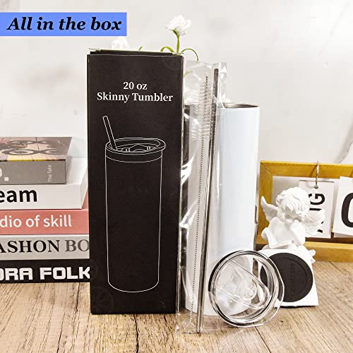 AGH 10pcs 20oz Flat Edge Sublimation Tumbler Blank, Sublimation Tumblers 20 oz Skinny Straight Cups with Individual Gift Box, Silicone Bottom, Stainless Steel Straw For Coffee Drinks