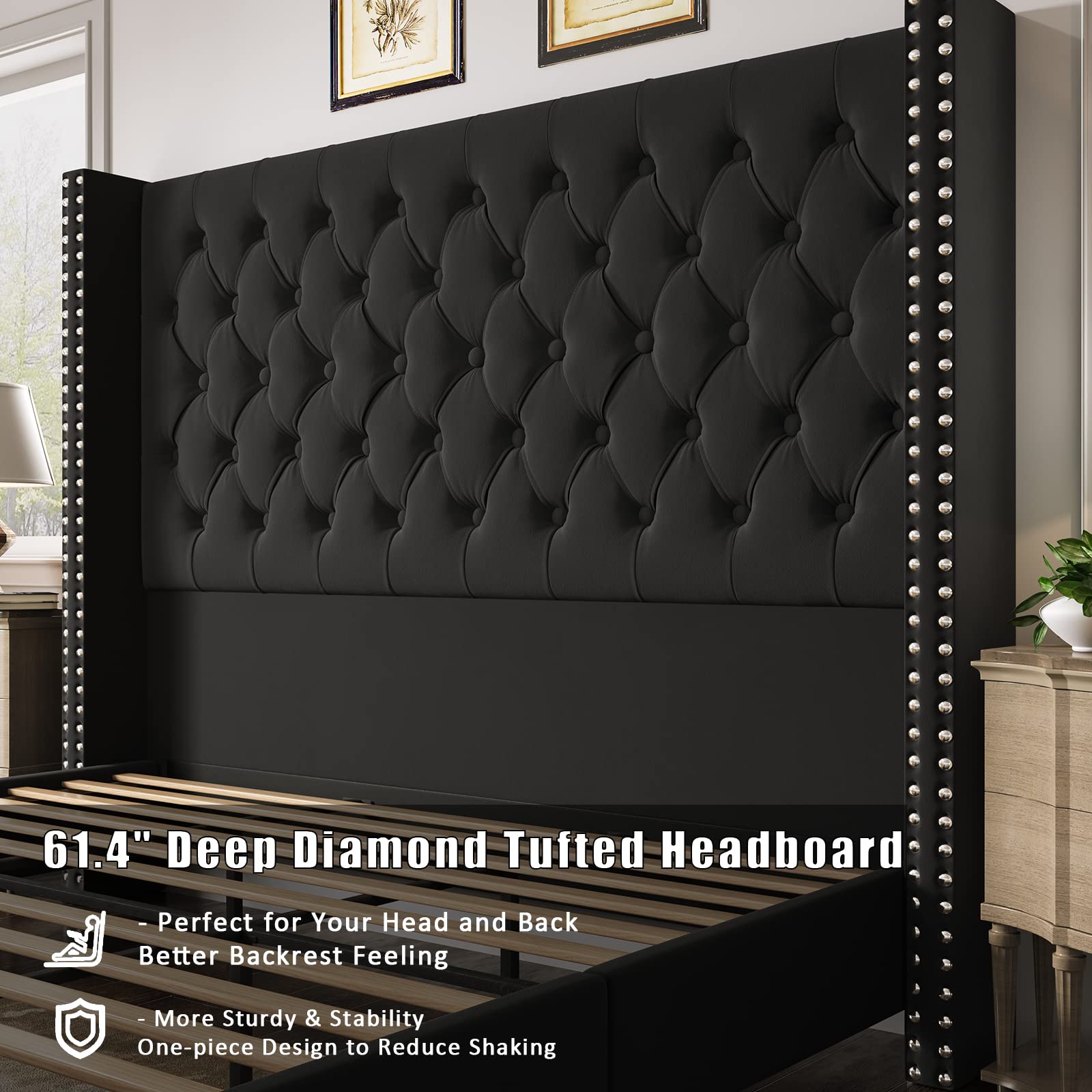 PaPaJet King Size Bed Frame 61.4" Tall Headboard Upholstered Velvet Platform Bed with Handmade Deep Button Tufted/No Box Spring Required/Black