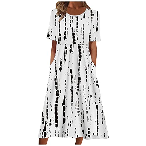 Dress Women, Beach Dresses for Women Casual Pregnant Dress Women's Summer Casual Fashion Printed Short Sleeve 2022 O-Neck Pocket Dress Casual Print Short Crewneck Dress Tea (3XL, Black)